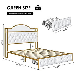 HITHOS Queen Bed Frame, Storage Headboard with Charging Station, Button Tufted Platform Bed with 2 Drawers, Upholstered Bed with 51.6" Tall Headboard, Gold Metal Frame, No Box Spring Needed, White