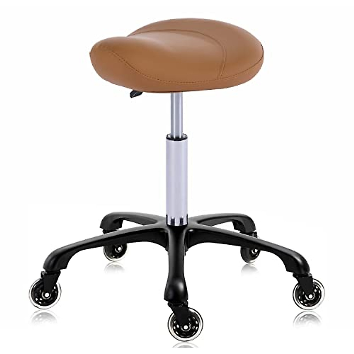 MCcursor Hydraulic Saddle Stool with Wheels Height Adjustable Stylish Ergonomic Rolling Swivel Chair for Hygienic Clinic Salon Tatoo Massage Office, in Camel