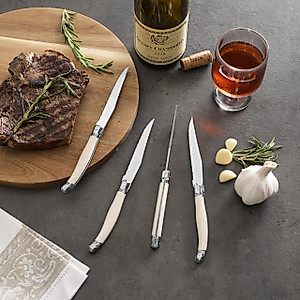 French Home Laguiole Connoisseur 4-Piece Steak Knife Set – Stainless Steel Dinner Knives with Ivory-Colored Handles, Etched Detailing & Napoleon Bee Emblem – Serrated Knives for Smooth Cutting (9.25")