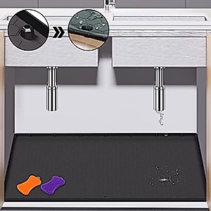 Waterproof Under Sink Mat, 34" x 22" Silicone Under Sink Liner Cabinet Mat Protector/Drips Leaks Spills Tray for Kitchen Bathroom (Hold up to 3.3 Gallons Liquid,Black)