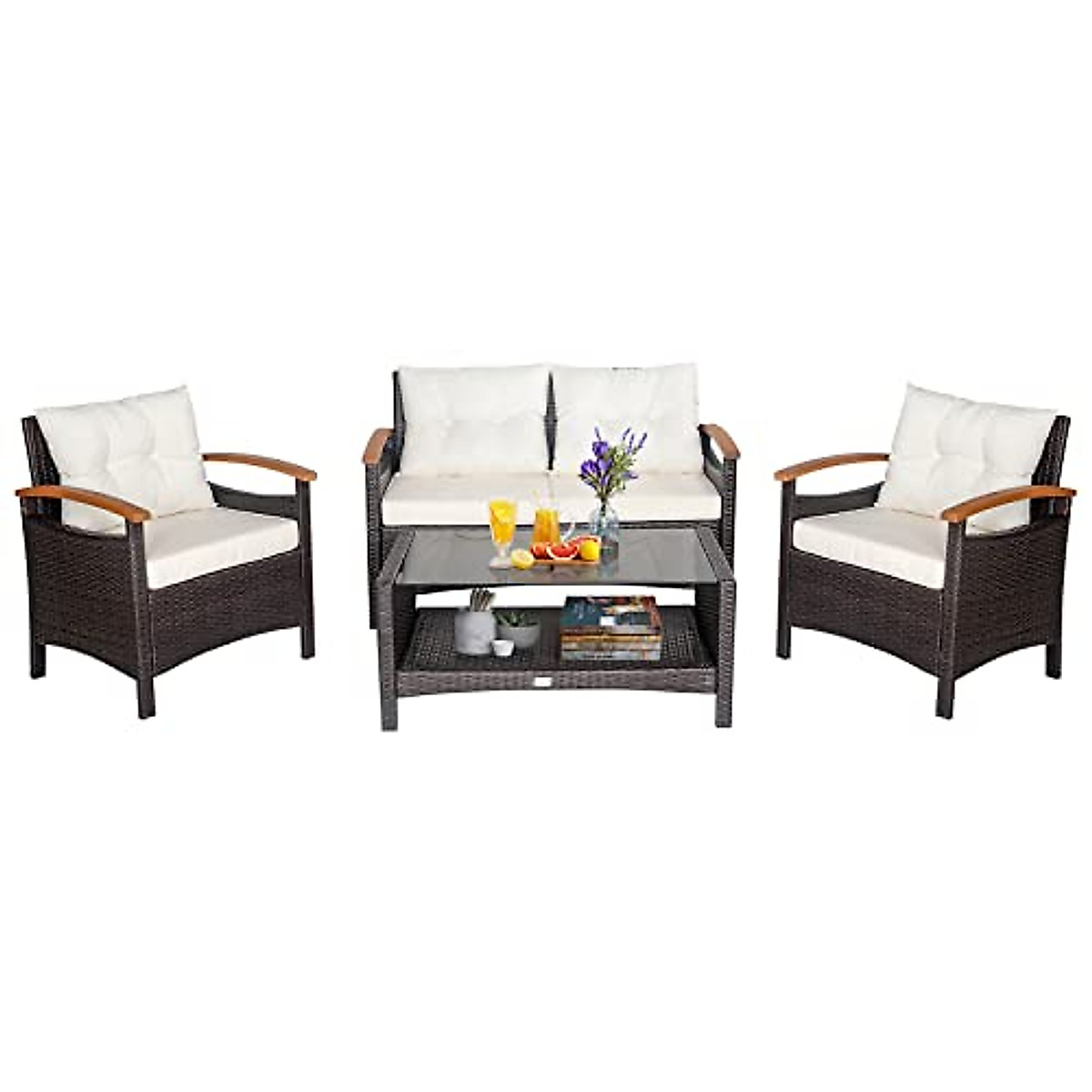 HAPPYGRILL 4 Piece Patio Conversation Set Rattan Sectional Sofa Set with Soft Cushions and Coffee Table, Outdoor Wicker Furniture Set with Acacia Wood Armrests, Perfect for Poolside, Garden, Backyard