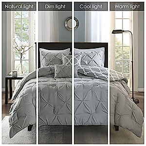 Madison Park Essentials Kasey Cozy Comforter Set - Fretwork Design, All Season Bedding with Matching Shams, Decorative Pillow, Queen (90in x 90 in), Diamond Grey Comforter 5 Piece