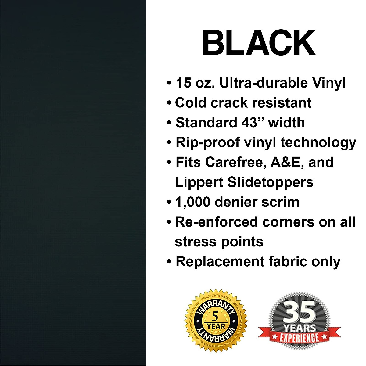 The ShadePro RV Slideout Topper - 140" to 163" Trim to Fit Slide Out Awning Fabric Replacement for RVs and Campers - Ultra-Durable Vinyl Fabric (Black)