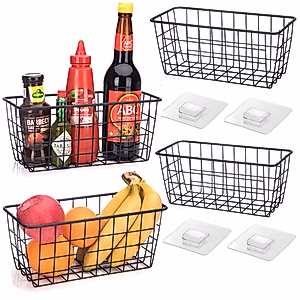 Hanging Kitchen Baskets Adhesive Sturdy Wire Storage Baskets with Kitchen Food Pantry Bathroom Shelf Storage No Drilling Wall Mounted,Black,4 Pack