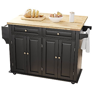 Rolling Kitchen Island with Drop Leaf – Movable Kitchen Carts on Wheels Island with Storage Cabinet, Island Table for Kitchen with Rubber Wood Top and Rack and Drawer, Matte, Black