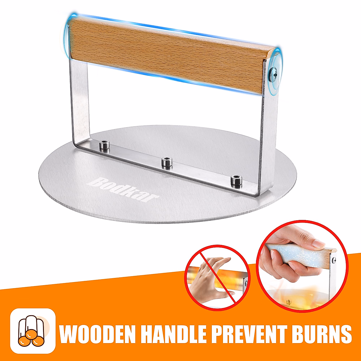 bodkar Smash Burger Press Stainless Steel 6 Inch Round Burger Smasher with Wood Handle, Grill Press Meat Flattener Tool for Flat Top Griddle Grill Cooking