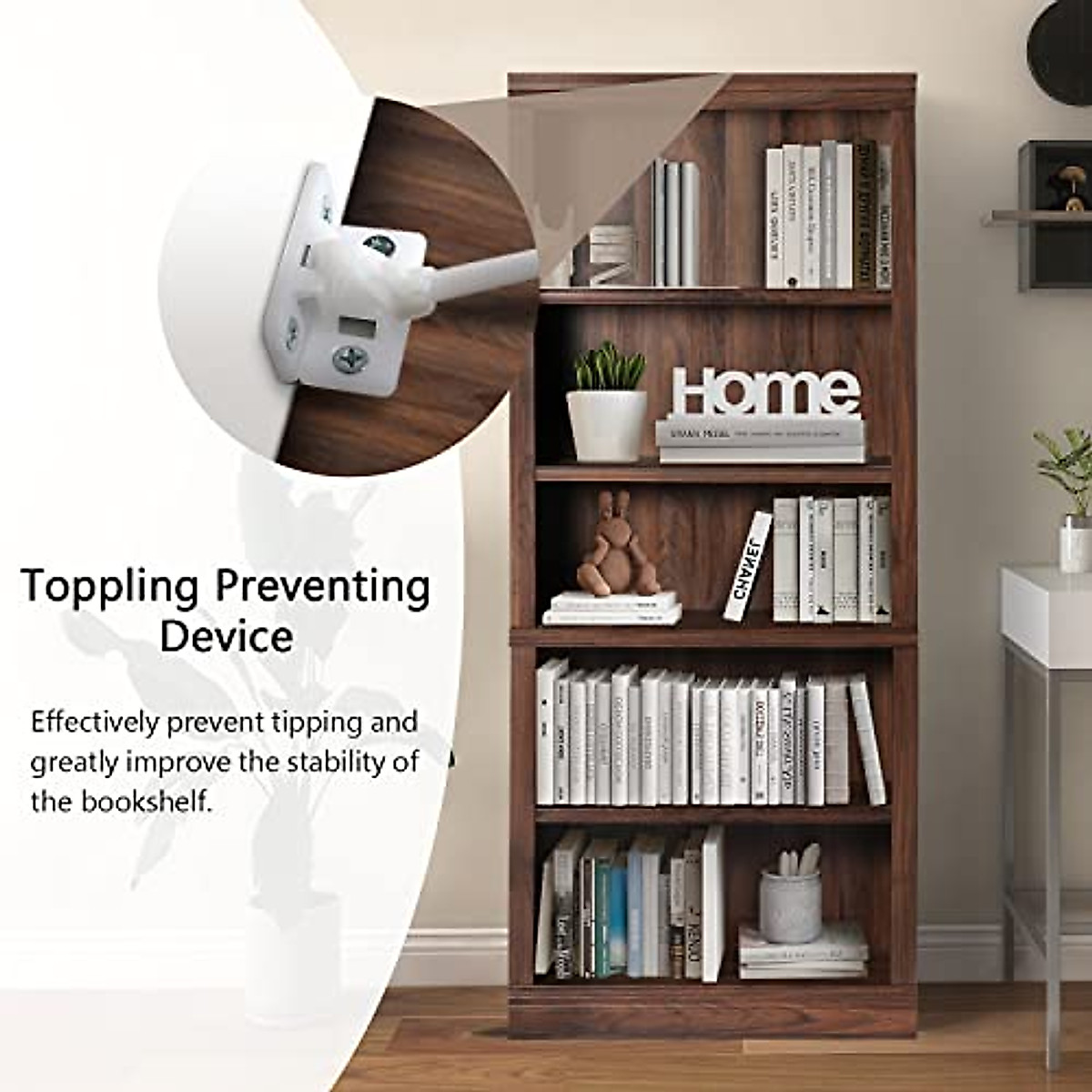 LYNSLIM Wooden Bookcase, 5-Shelf Free Standing Bookcase for Home Office Living Room Open Display Organizer Storage Bookshelf, Oak Finish Decor Furniture (Brown)