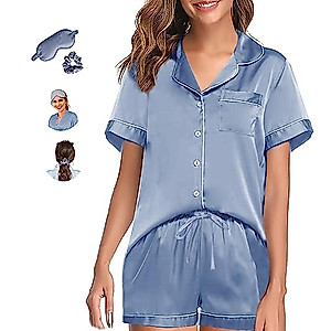 WJing Yi Jia Womens Pajama Sets Silk Satin Pajamas Set Short 2Pcs Pj Sets Button Down Pjs Set Sleepwear Loungewear