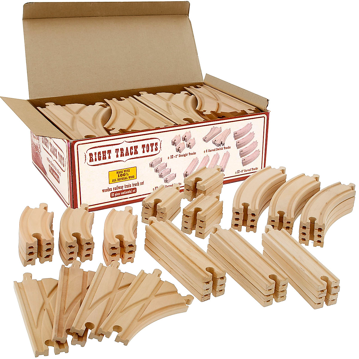 Wooden Train Track 52 Piece Set - 18 Feet Of Track Expansion And 5 Distinct Pieces - 100% Compatible with All Major Brands Including Thomas Wooden Railway System - by Right Track Toys, T