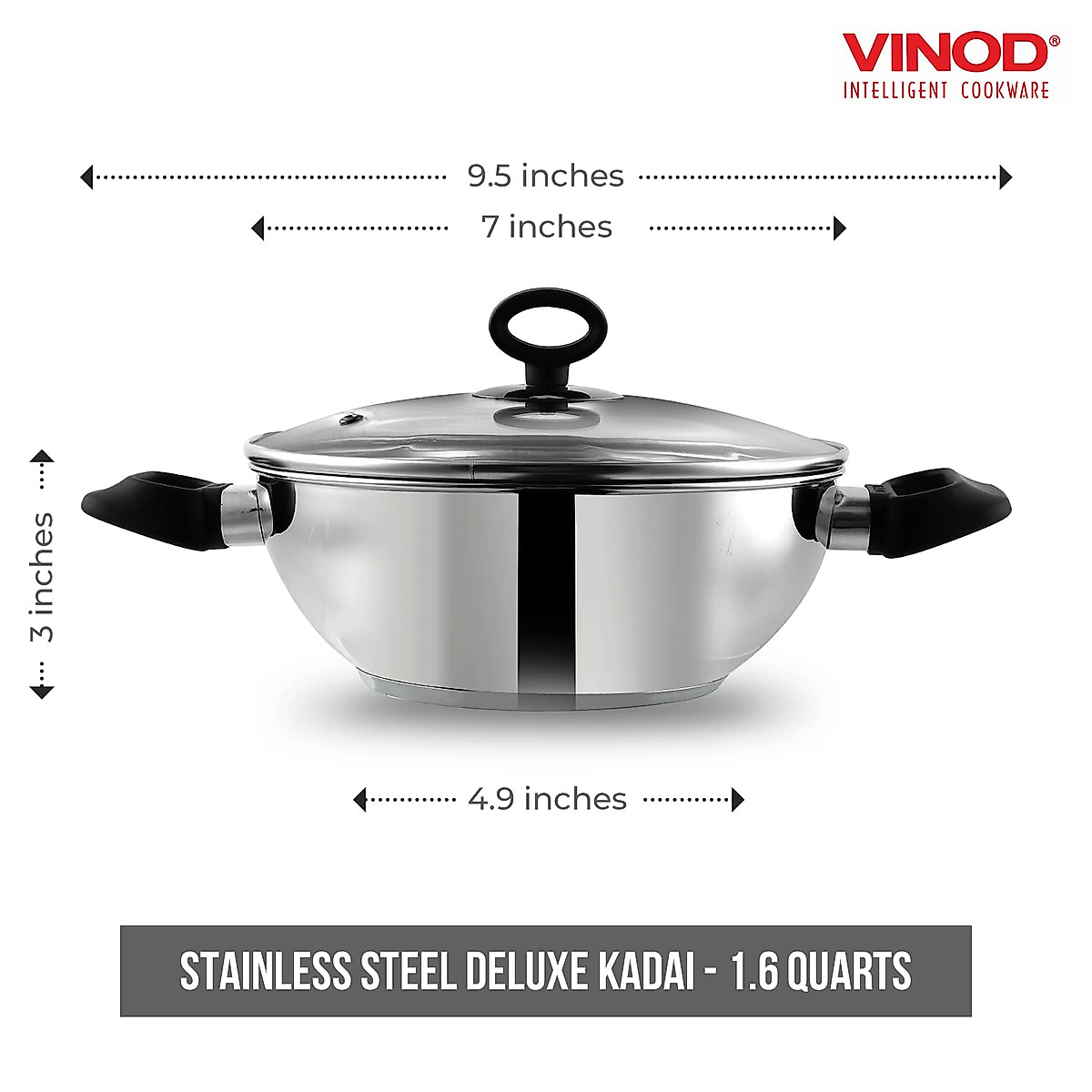 Vinod Stainless Steel Kadhai | Deluxe Wok With Glass Lid | Induction Friendly | Sandwich Bottom | 18cm Capacity | 1.6 Liters | Small-Size | Multi-Use Pot | Suitable For Indian Cooking, Gravy, Stews