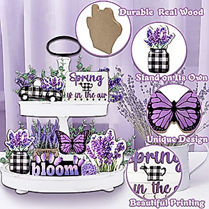 Uruney Spring Tiered Tray Decor, 6PCs Lavender Spring Decor Lavender Flower Bloom Butterfly Truck Buffalo Plaid Wooden Table Signs, Rustic Farmhouse Spring Decorations for Home Kitchen Spring Holiday