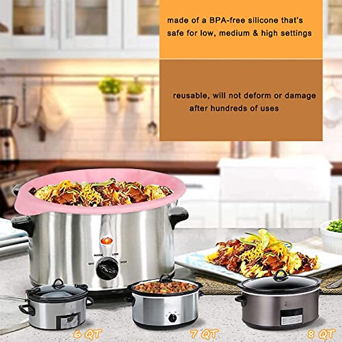 MEQUER Silicone Slow Cooker Liner Compatible with Slow Cooker Crockpot, BPA Free Insert Liners for Oval or Round Pot, Reusable & Leakproof Silicone Divider Fits 6 to 8 Quarts Slow Pot