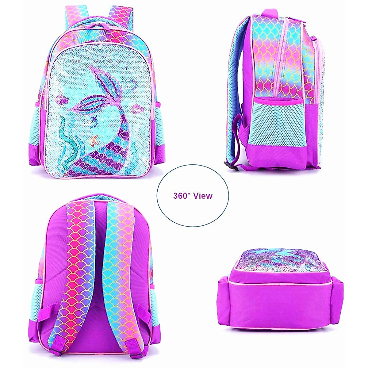 Usnyabni THE Crafts Reversible Sequin School Backpack Lightweight Little Kid Book Bag for Preschool Kindergarten Elementary (17", Mermaid