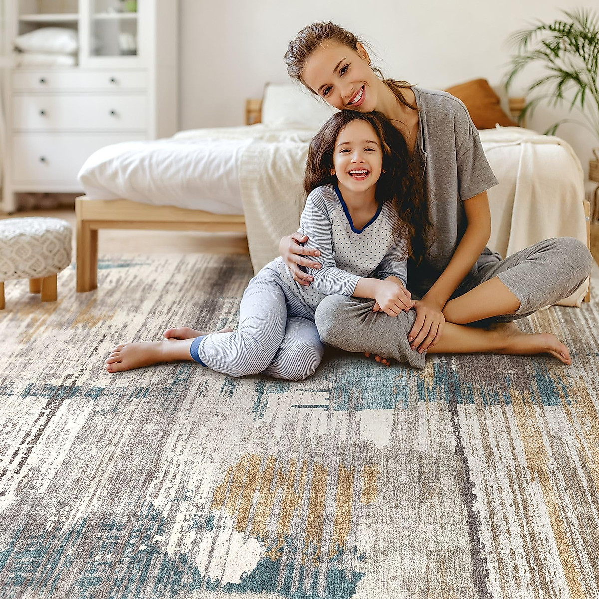 8x10 Rugs for Living Room: Large Modern Washable Super Soft Abstract Area Rug Neutral Contemporary Low Pile Carpet for Bedroom Dining Room Nursery Home Office Decor - Blue/Grey/Gold