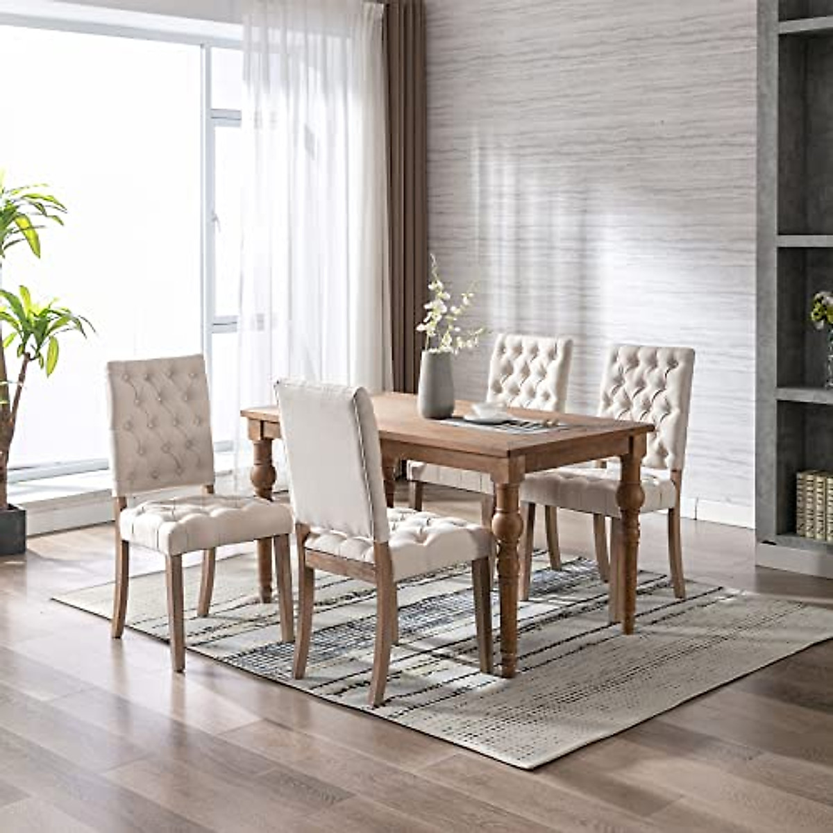 TRIPLE TREE High Back Dining Chairs Set of 2,Linen Fabric Accent Dining Chairs with Wooden Legs and Padded Seat,Upholstered Button Tufted Armless Chair Side Chair for Kitchen & Dining Room,Beige