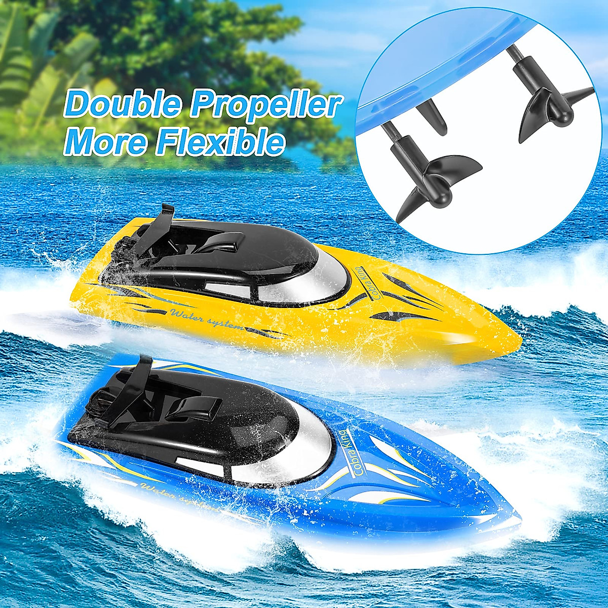 2 Pack RC Boat Remote Control Boats for Pools and Lakes for Kids and Adults, 10 kmH 2.4 GHz RC Boat for Boys 4-7 8-12 Years with 4 Rechargeable Batteries