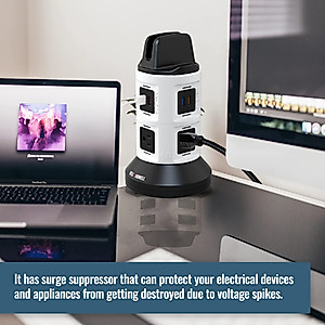 Bell+Howell Spin Power Strip Tower Surge Protector - 4 Outlets, 6 USB Ports, 40" Retractable Cord, 360° Rotation | Electric Charging Station with Built-in Phone & Tablet Holder | USB Outlet Extender