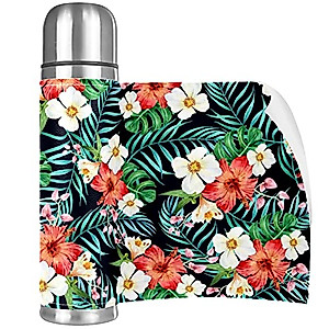 Stainless Steel Leather Vacuum Insulated Mug Tropical Plants Thermos Water Bottle for Hot and Cold Drinks Kids Adults 16 Oz