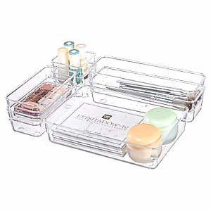 7 PCS Plastic Clear Drawer Organizer Set, 4 Sizes Desk Office Drawer Organizing Trays and Divider,Storage Bins for Makeup,Snack,Jewelry,Kitchen,Bedroom, Bathroom vanity Accessories Containers