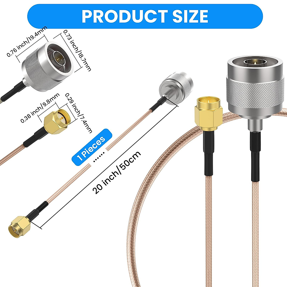 SDTC Tech N Type Male to SMA Male Coaxial Adapter Cable Coax Antenna Extender Wi-Fi Connector RG316 Jumper (20 inch/ 50cm)