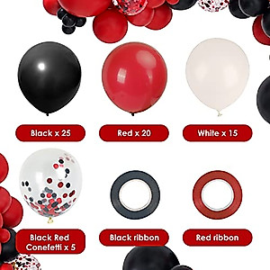 RUBFAC 65pcs 12 Inches Black Red Confetti Balloons Kit, Black Red White Party Balloons with Ribbons for Birthday, Wedding, Baby Shower, Graduation Decorations