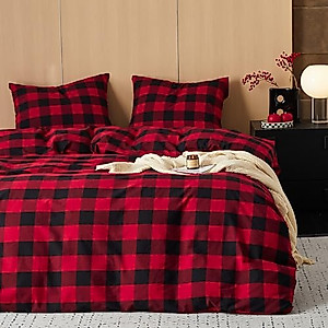 Wake In Cloud - Gingham Cotton Duvet Cover Set, Plaid Buffalo Check Checkered Farmhouse, 100% Washed Cotton Textured Percale Bedding Set, 3 Pieces, Red Black, California King Size