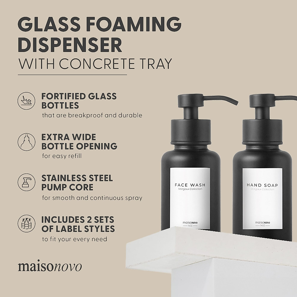 MaisoNovo Foaming Soap Dispenser with Concrete Tray - Hand Soap Refills for Foaming Dispenser - Black Bottle w.Tray 14 oz - 4 Mix Tablets