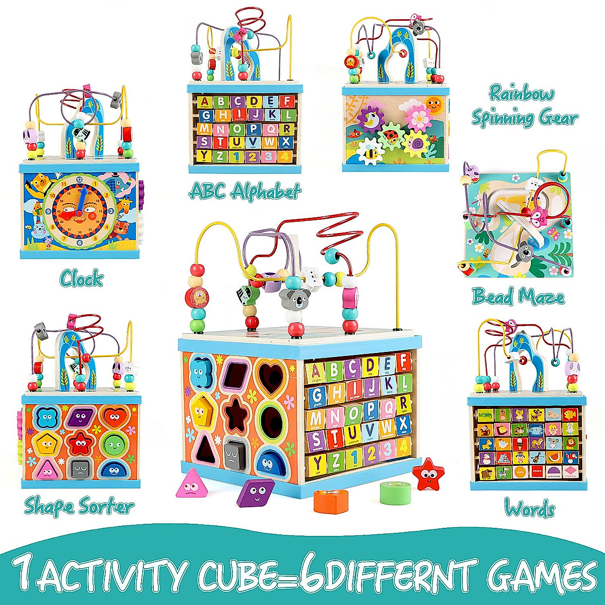 Qilay Wooden Activity Cube for Toddlers 1-3, 5 in 1 Multipurpose ABC-123 Abacus Early Educational Montessori Toys, Learning Toys for 1 2 3 Year Old | Bead Maze, Great for Boys Girls Toddlers