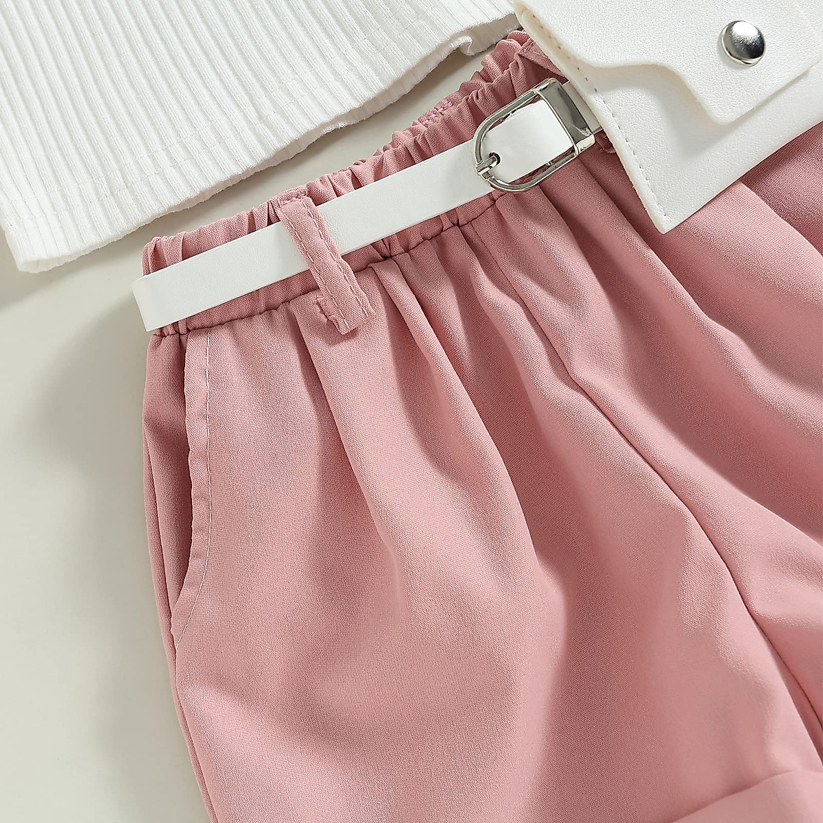Kid Toddler Baby Girl Summer Outfits Ruffled Sleeveless Ribbed Tops Elastic Waist Shorts with Belt Outfit Set (A-White Pink, 3-4 Years)