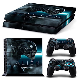 ZOOMHITSKINS Compatible for PS 4, Alien Black Blue Neon Lights Robots SciFi, Durable & Fit Vinyl, Made in The USA