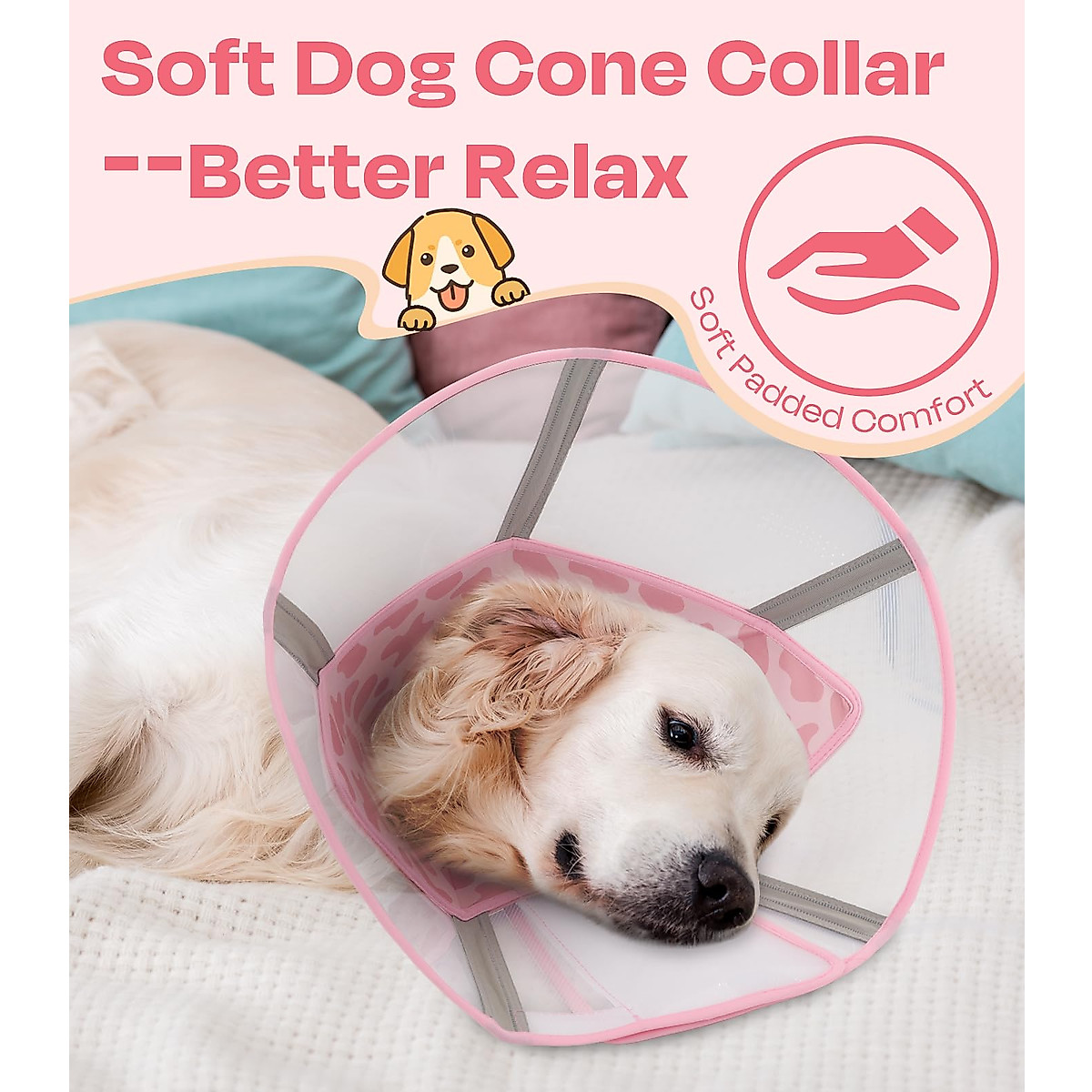 Soft Dog Cone Collar, Breathable Dog Cones for Large Medium Small Dogs, Comfortable Elizabethan Collar for Dogs After Surgery, Adjustable Dog Recovery E-Collars to Stop Licking
