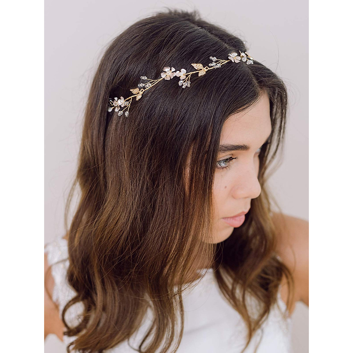SWEETV Handmade Wedding Headband Flower-Leaf Bridal Headpieces for Wedding Hair Accessories Brides Hair Pieces Gold