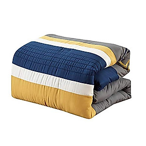 Chezmoi Collection Arden 7-Piece Modern Pleated Stripe Embroidered Zigzag Bedding Comforter Set (Queen, Navy/Gray/Yellow/White)