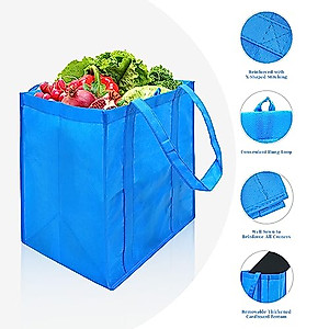 Swotiva Reusable Grocery Bags 10 Pack, Eco-Friendly Tote Bags with Reinforced Handle and Removable Bottom, 15"x13"x10" Large Washable Non-woven Shopping Bags for Groceries Gift Parties, Blue