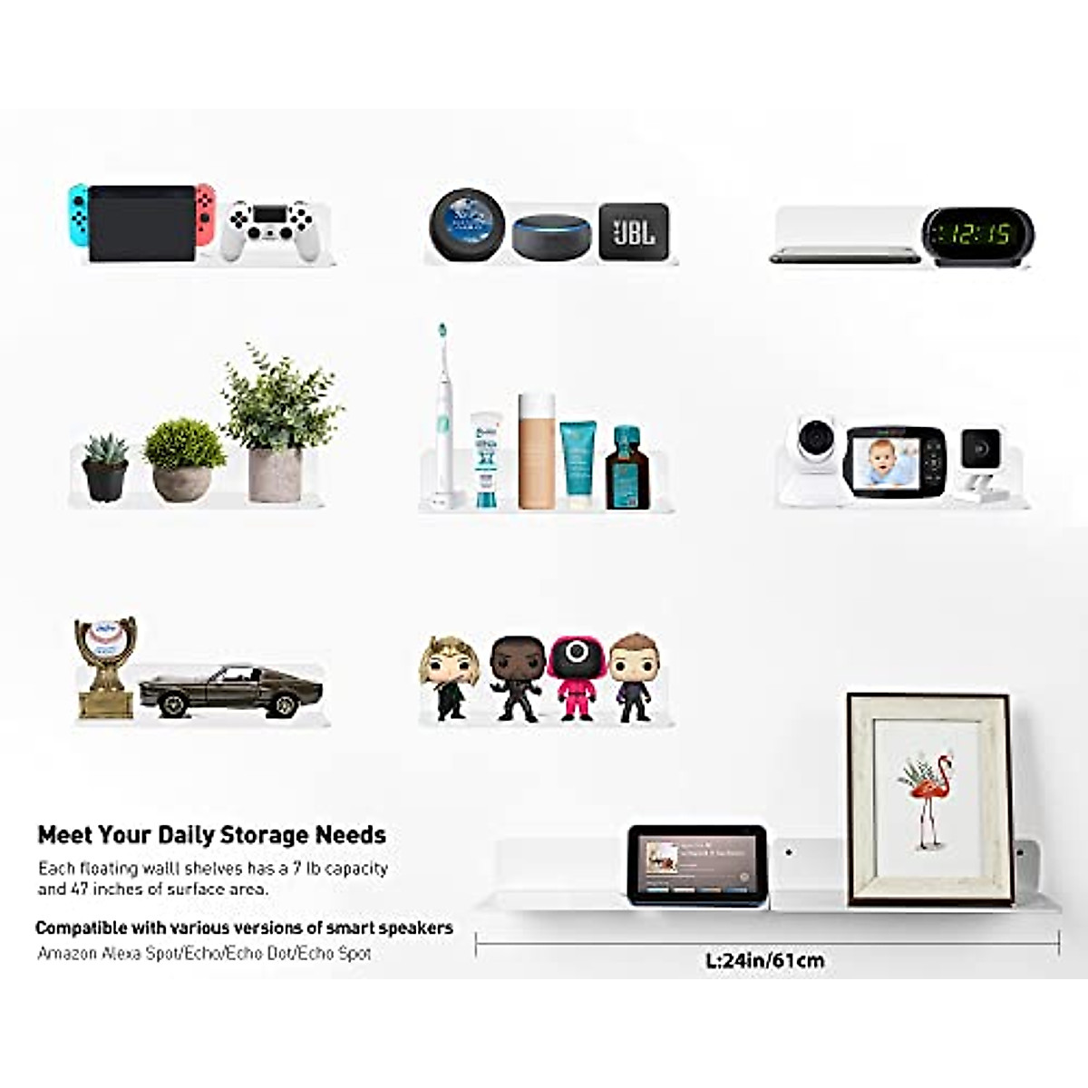 OAPRIRE Floating Shelves White Set of 2 - Damage Free Expand Wall Space - 12 Inch Command Shelf for Bedroom, Bathroom, Kitchen, Living Room, Small Acrylic Wall Shelves with Cable Clips