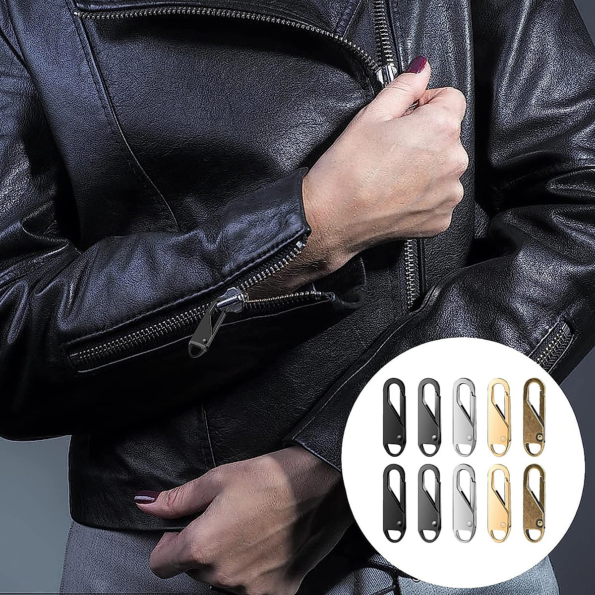 Zipper Pull Tab Kit Zipper Pull Replacement,Metal Zipper Pulls for Purses,Handbags,Luggage,Backpacks,Coats,Detachable Zipper for Sewing,with Small Storage Box(10+1 Pcs,Black,Silver,Gold,Bronze,Grey)