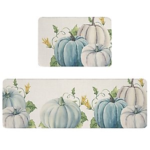 Blue Grey Pumpkins Fall Kitchen Mats and Rugs Set of 2 Floral Leaves Thanksgiving Washable Absorbent Kitchen Runner Rug Rustic Burlap Print Carpet Anti-Fatigue Comfort Mat for Kitchen Bathroom Laundry