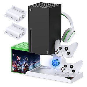 YUANHOT Vertical Cooling Stand Compatible with Xbox Series X, Charging Station Dock with 1400mAh Rechargeable Battery Pack and Dual Controller Charger Ports (NOT Compatible with Xbox One X/S), White