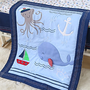 Wowelife Nautical Crib Bedding Sets 3 Piece Whale Crib Comforter Bed Set Sea Crib Bedding Set Nursery Bedding Set with Comforter,Skirt and Fitted Sheet