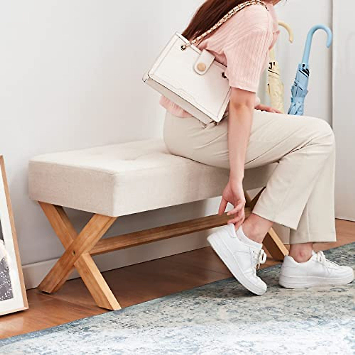 HUIMO 35-inch Entryway Bench, Upholstered End of Bed Bench for Living Room, Bedroom. Dinning Bench Seat with X-Shaped Legs for Kitchen, Solid Wood Indoor Bench for Foyer, Hallway (Beige)