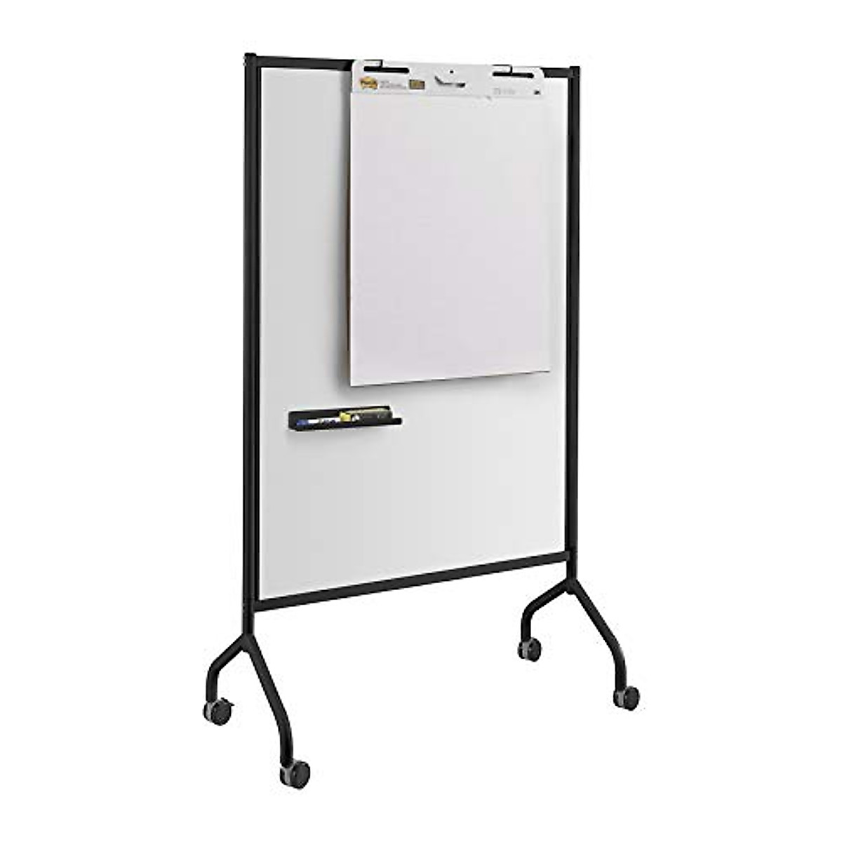 Safco Products Impromptu Full Whiteboard Screen 8511BL, Black, 42"W x 72"H, Double-sided Magnetic Dry Erase Board, Commercial-Grade Steel Frame, Swivel Wheels, Accessory Shelf