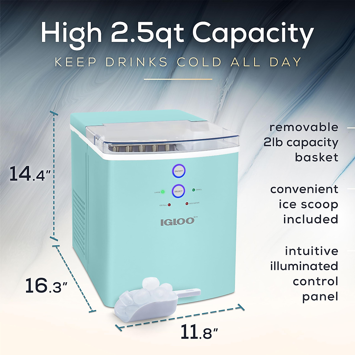 Igloo Electric Countertop Ice Maker Machine - Automatic and Portable - 33 Pounds in 24 Hours - Ice Cube Maker - Ice Scoop and Basket - Ideal for Iced Coffee and Cocktails - Aqua