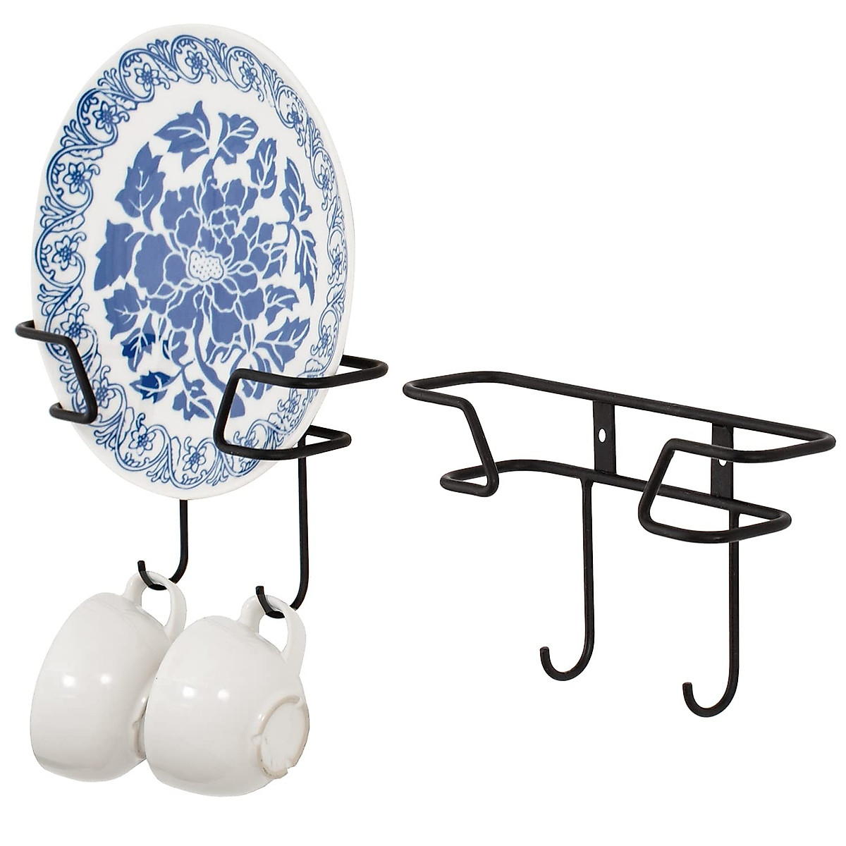 MyGift Wall Mounted Matte Black Metal Plate Display Rack with Hanging Hooks for Teacups and Mugs, Decorative Plate Holder Stand with Cup Hooks, Set of 2