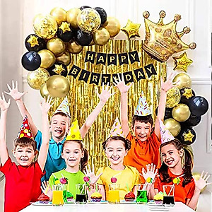 Black Gold Birthday Party Decoration Set, Including Happy Birthday Banner, Balloons, Metallic Fringe Curtain, Flower Pompoms, Golden Crown, Suit Perfect For Girls or Boys, Men or Women Birthday Party