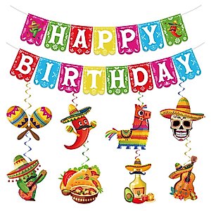 Lemicin 9PCS Mexican Fiesta Party Decorations - 1 PCS Happy Birthday Banner and 8 PCS Cinco de Mayo Mexican Hanging Swirl Party Supplies Mexican Themed Taco Birthday Party for Birthday, Festival