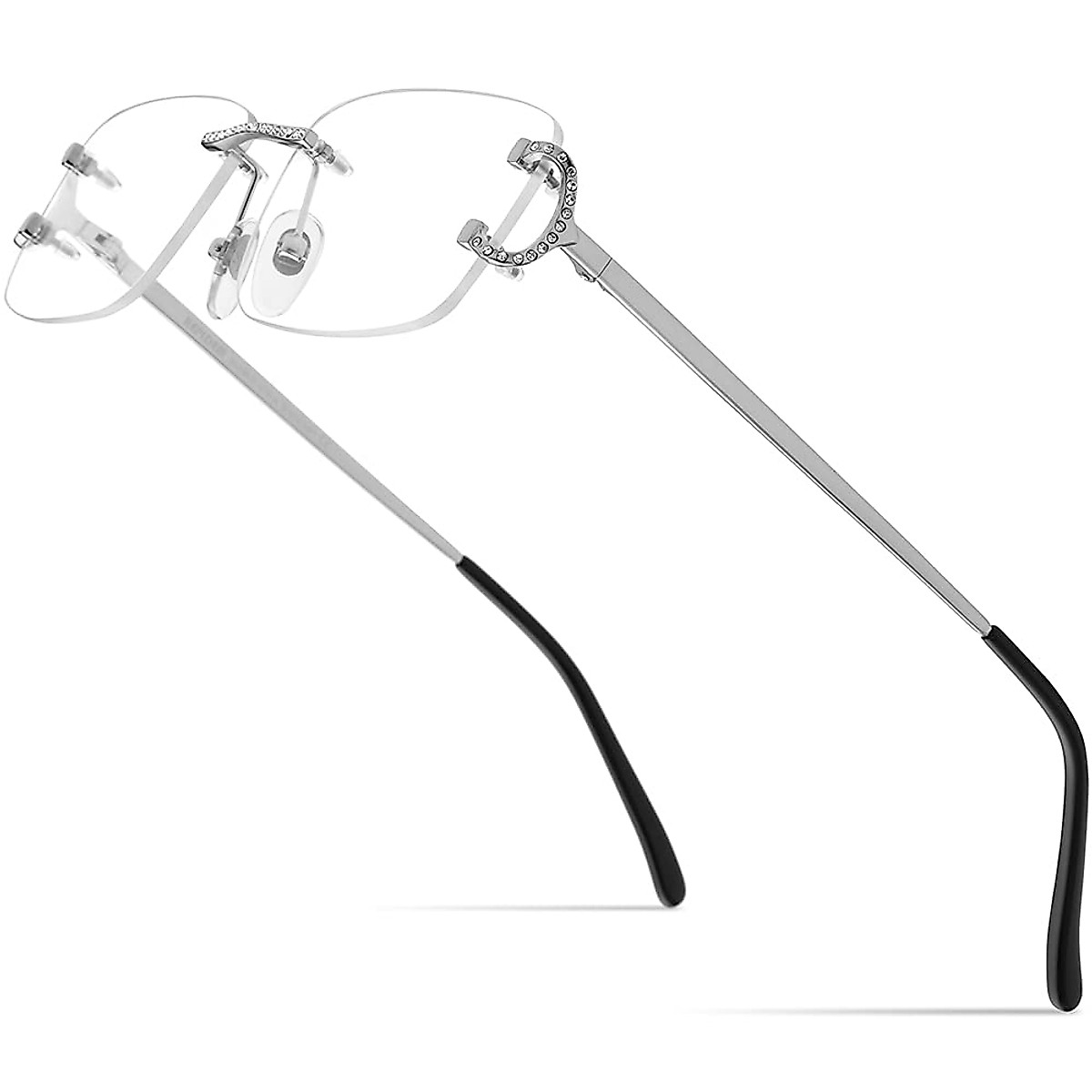 HEPIDEM Vintage Style Rectangular Rimless Metal Eyeglasses for Men Frameless Zircon Diamonds Glasses Frame (50254 Silver)