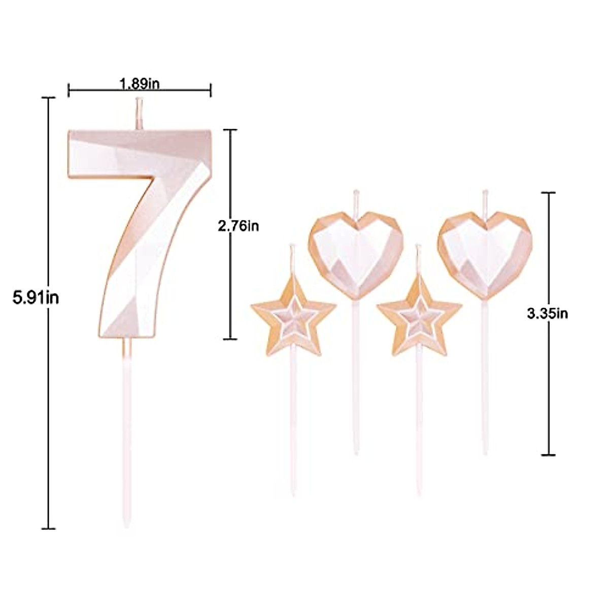 Rose Gold Number 7 Candles and Star Heart Candles 2.76 inch Number Candles for Birthday Cakes 3D Diamond Shaped for Cake Decorations(Rose Gold Candle 7)