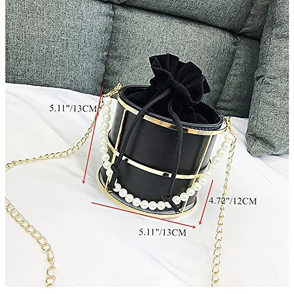 Women Evening Bags Black Clutch Purse Pearl Top-Handle Metal Bucket Party Bag Chic Purses Wedding Handbags
