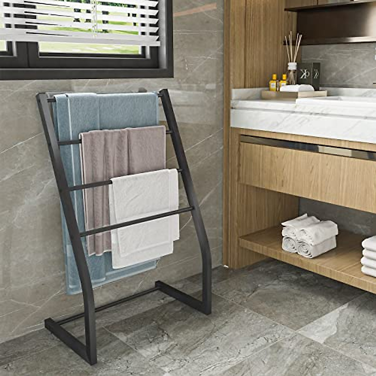 Honiter Towel Racks for Bathroom, 4 Tier Free Standing Towel Rack, Black Metal Towel Holder Stand for Blanket Rack, Bathroom Accessories Organizer for Bath Storage & Hand Towels, Next to Tub or Shower