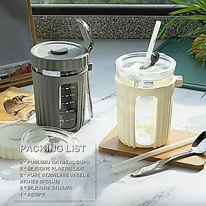 PUNLUXU Overnight Oat Jars With Scoop And Lid 16 OZ [2 Pack], Airtight Oatmeal Container With Measurement Mark, Mason Jar With Sealed Lid And Straw, Cereal Container For On-The-Go (Gray And Off-White)